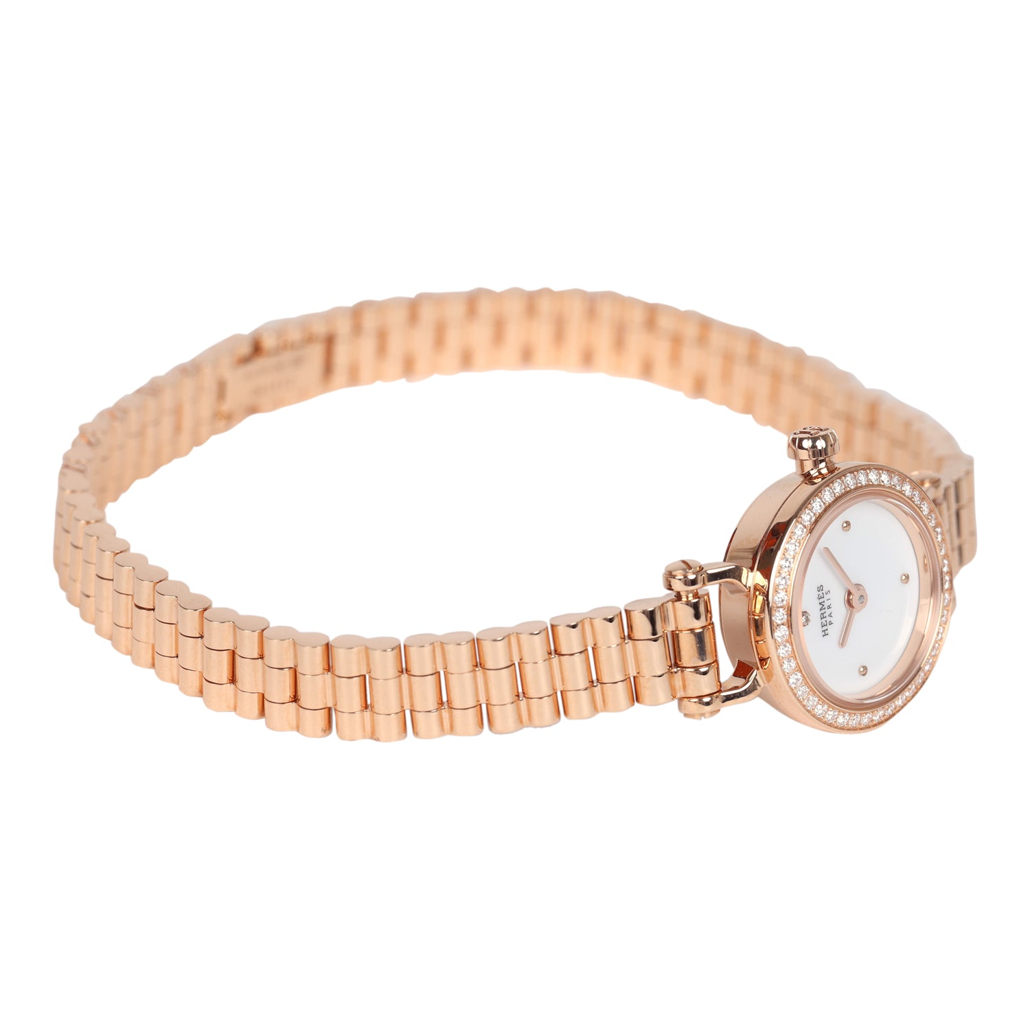 Hermes Faubourg Watch Mini White Lacquered 18K Rose Gold and Diamonds