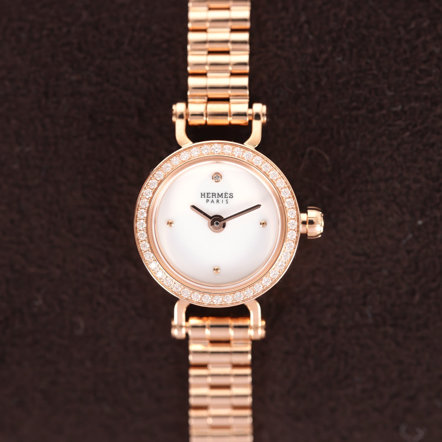 Hermes Faubourg Watch Mini White Lacquered 18K Rose Gold and Diamonds
