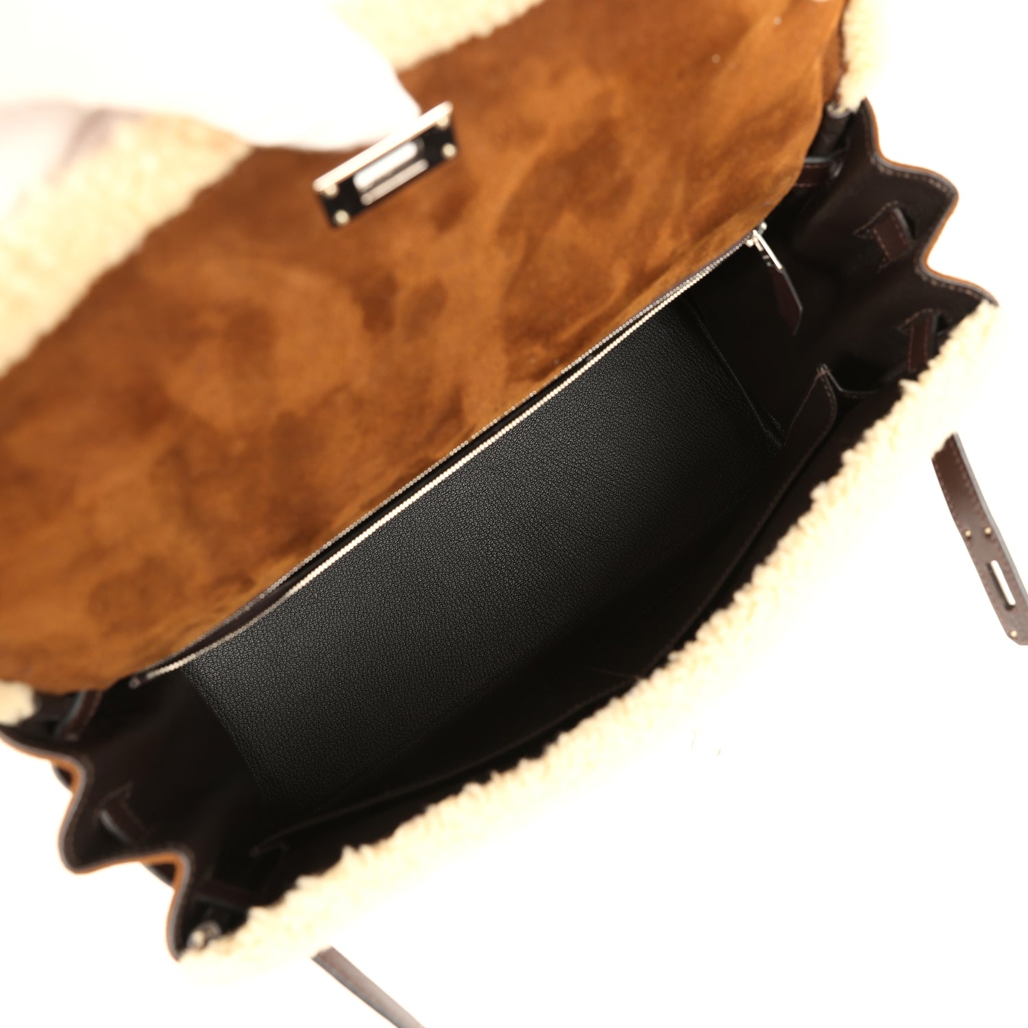 Pre-owned Hermes Teddy Kelly 35 Shearling and Ebene Barenia Palladium
