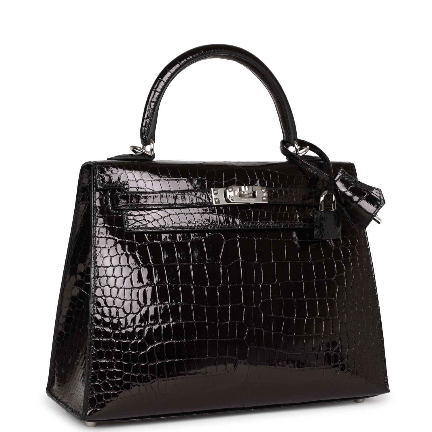 Hermes Kelly Sellier 25 Black Shiny Porosus Crocodile Palladium Hardwa