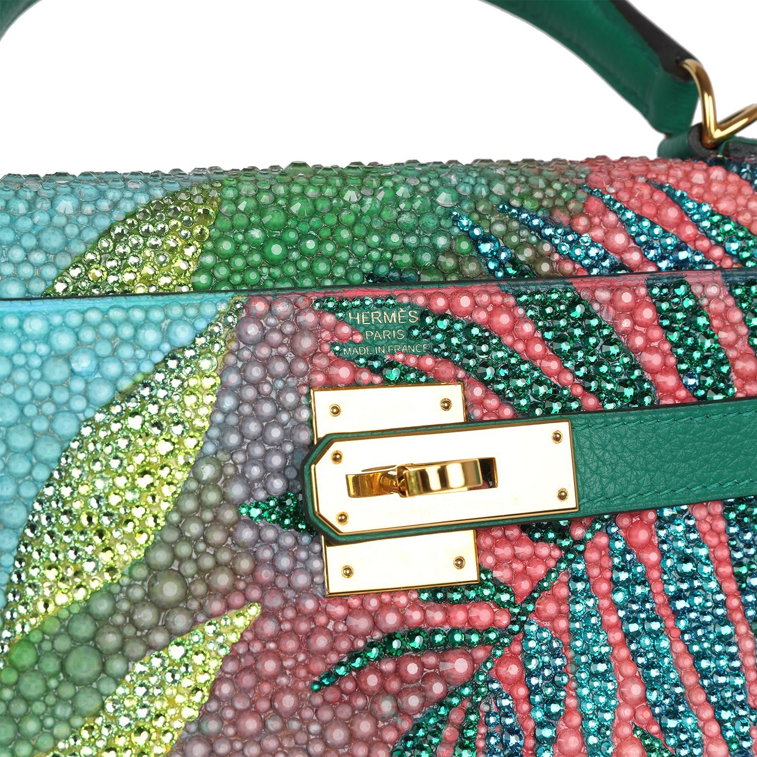 Custom Tropical Swarovski Crystal Hermes Kelly Retourne 28 Vert Vertig