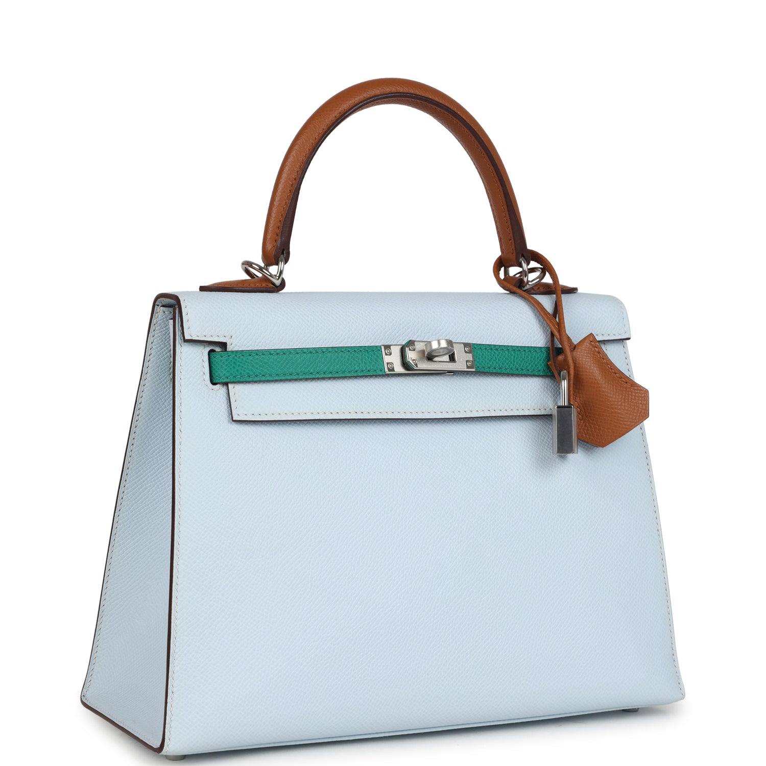 Hermes Kelly Sellier 25 Tri-Color Bleu Brume, Gold and Vert Jade Epsom
