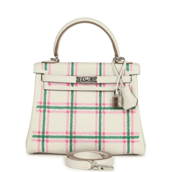 Hermes Kelly Retourne 25 "Tartan Light" Gris Pale, Vert Moyen and Bubb