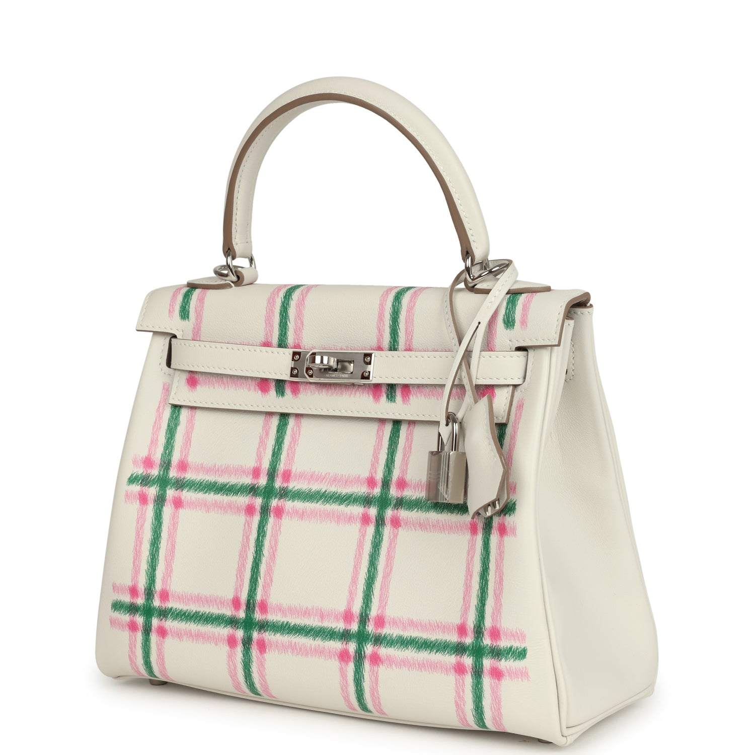 Hermes Kelly Retourne 25 "Tartan Light" Gris Pale, Vert Moyen and Bubb