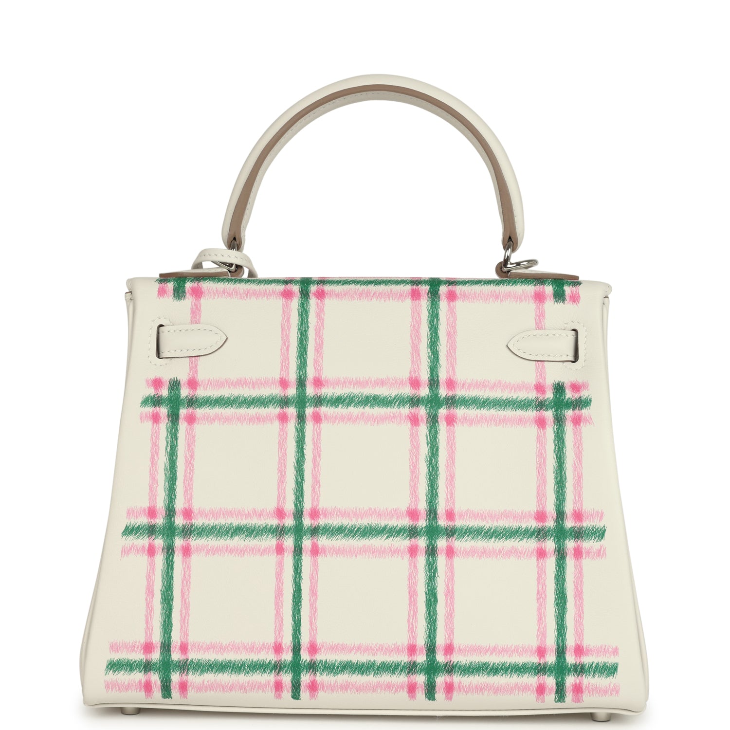 Hermes Kelly Retourne 25 "Tartan Light" Gris Pale, Vert Moyen and Bubb