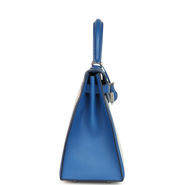 Pre-owned Hermes Kelly Sellier 28 Bleu France Swift and Ecru-Bleu Bill