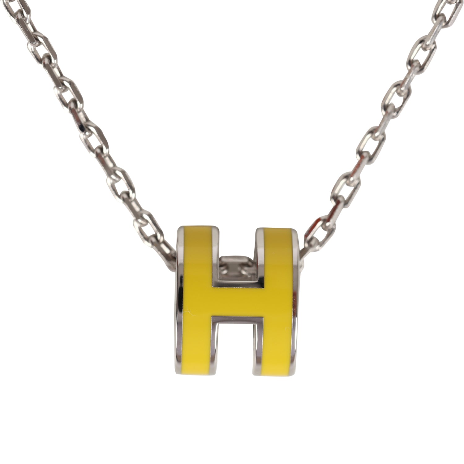Hermes Mini Pop H Pendant Necklace New Lime Enamel Lacquered Palladium
