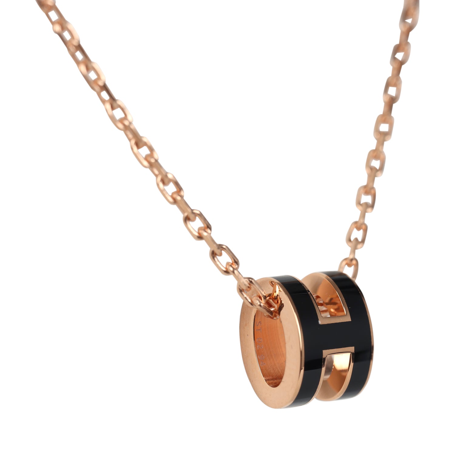 Hermes Mini Pop H Pendant Necklace Black Enamel Lacquered Rose Gold Ha