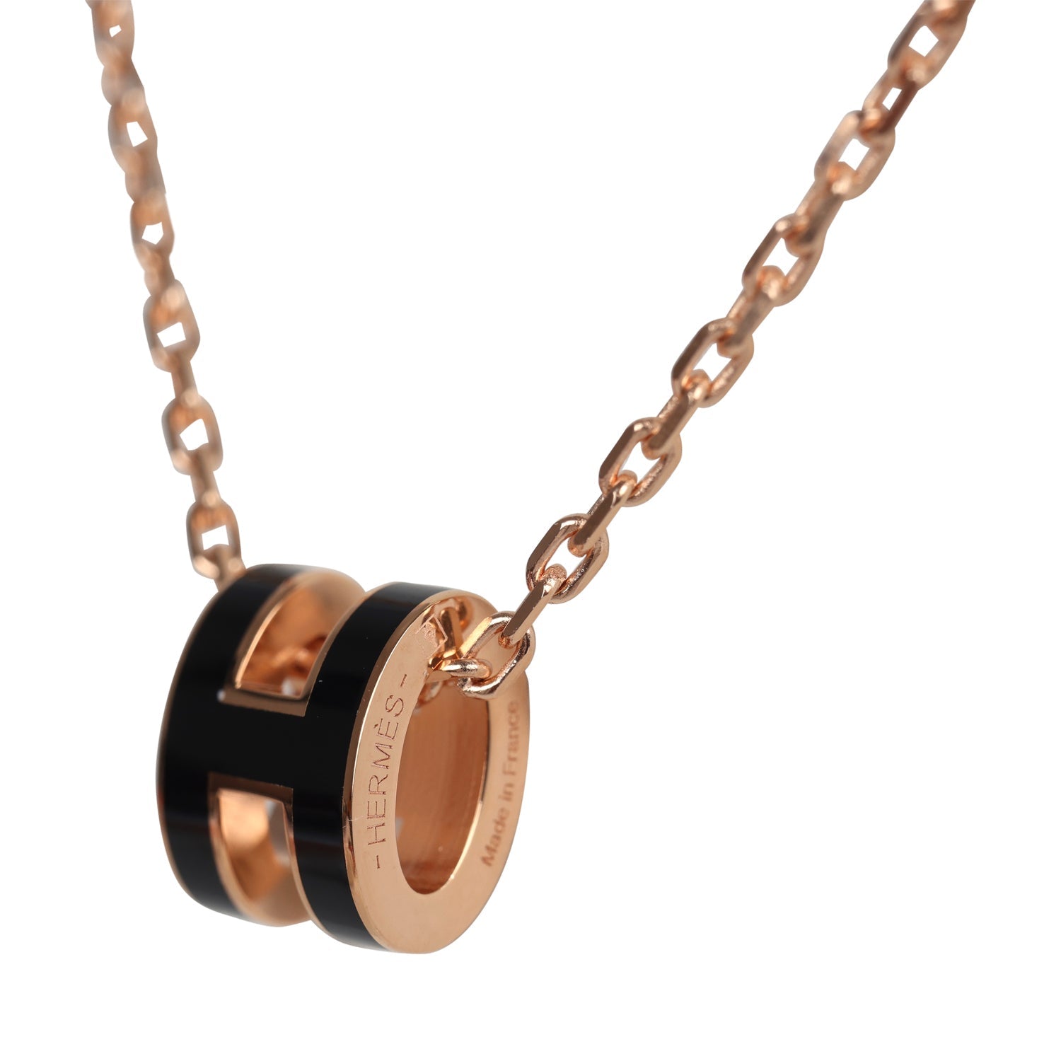 Hermes Mini Pop H Pendant Necklace Black Enamel Lacquered Rose Gold Ha