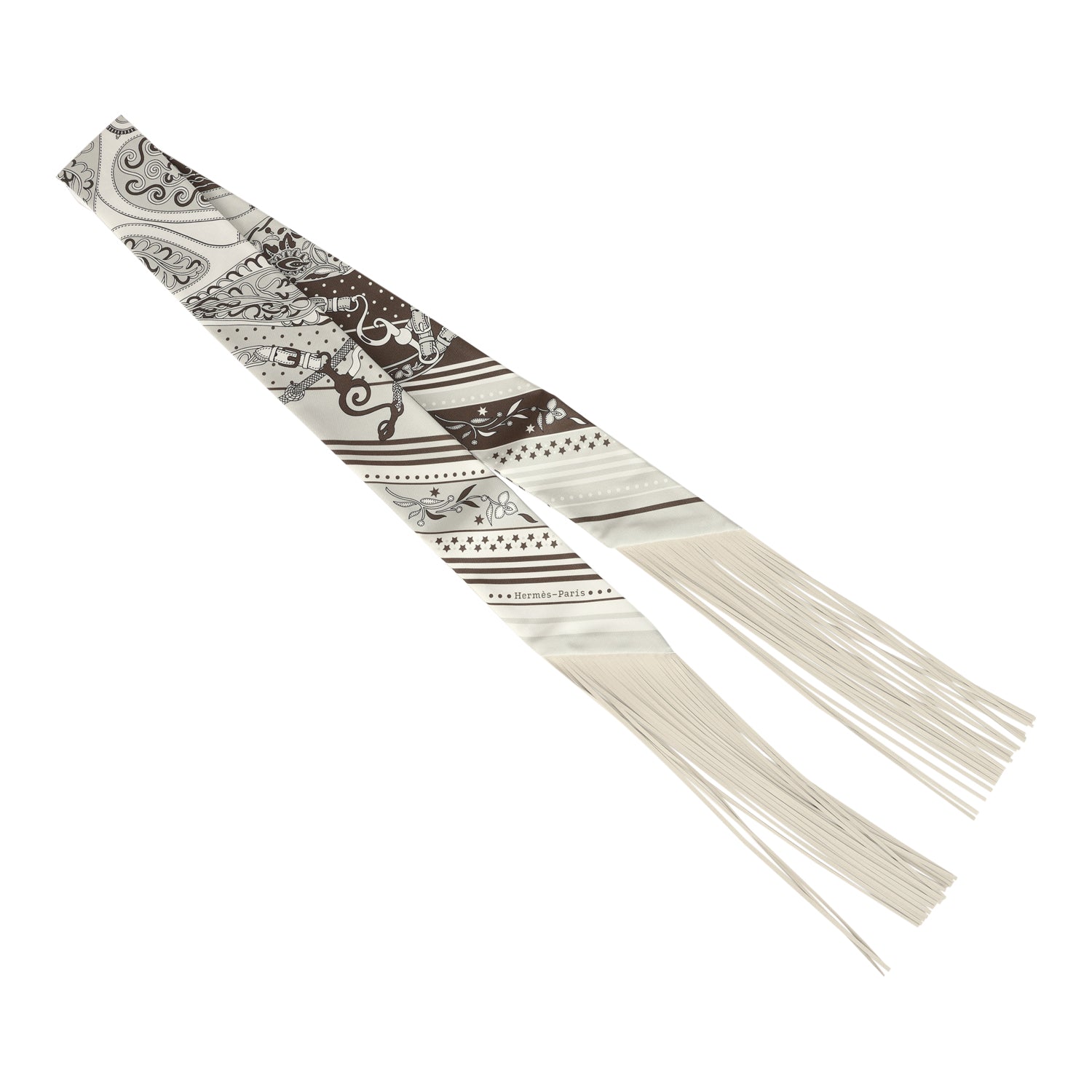Hermes "Festival des Amazones" Craie, Brun Silk and Leather Fringe Twi
