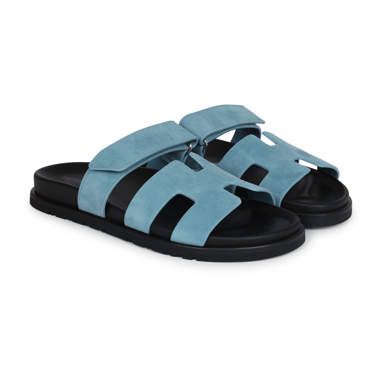 Hermes Chypre Techno Sandals Bleu Mineral Suede Palladium Hardware 37