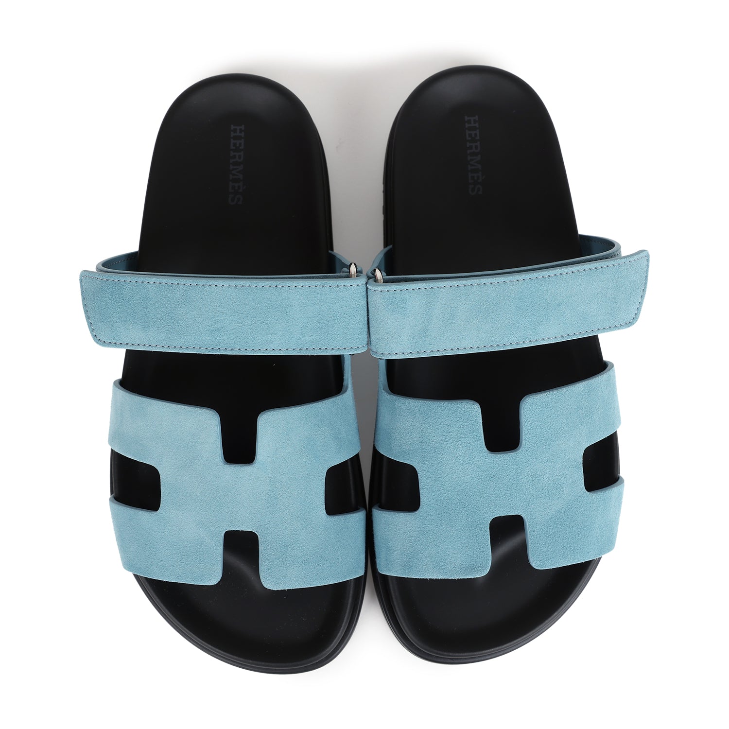 Hermes Chypre Techno Sandals Bleu Mineral Suede Palladium Hardware 37