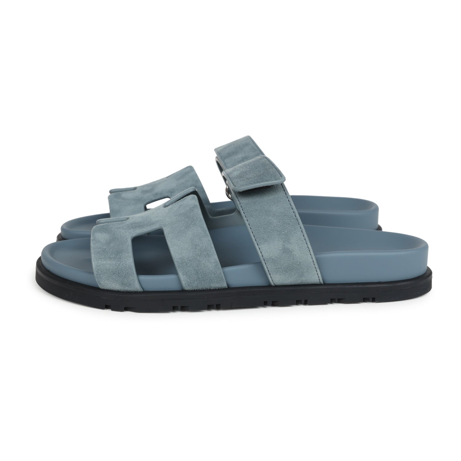 Hermes Chypre Techno Sandals Bleu Tonnerre Suede Palladium Hardware 37