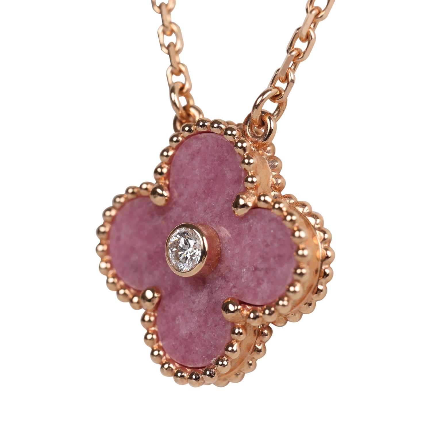 Van Cleef & Arpels 2021 Holiday Vintage Alhambra Rhodonite Pendant Nec