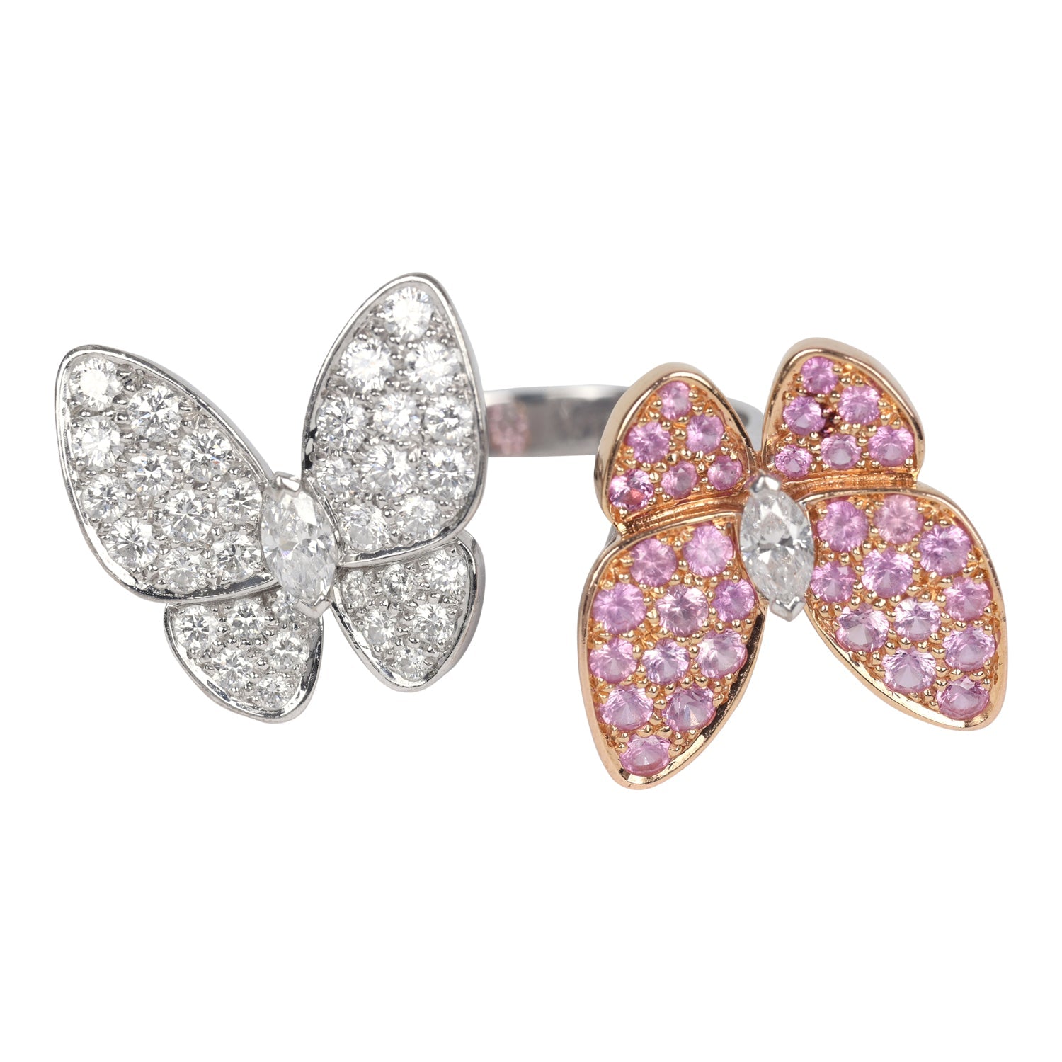 Pre-owned Van Cleef & Arpels Double Butterfly Ring 18k White Gold/Pink