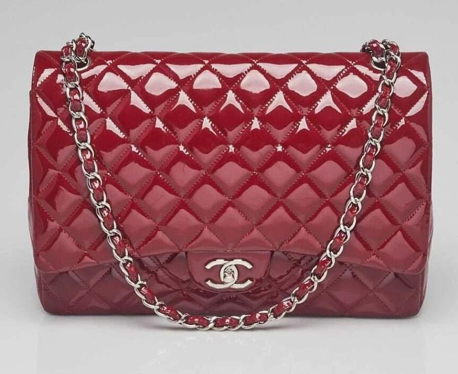 Pre-Owned Chanel Maxi Classic Double Flap Red Patent Leather Silver Ha