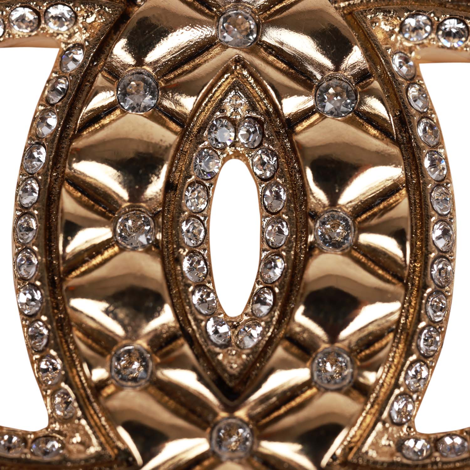 Chanel CC-Logo Gold Tone and Crystal Quilted Large Brooch