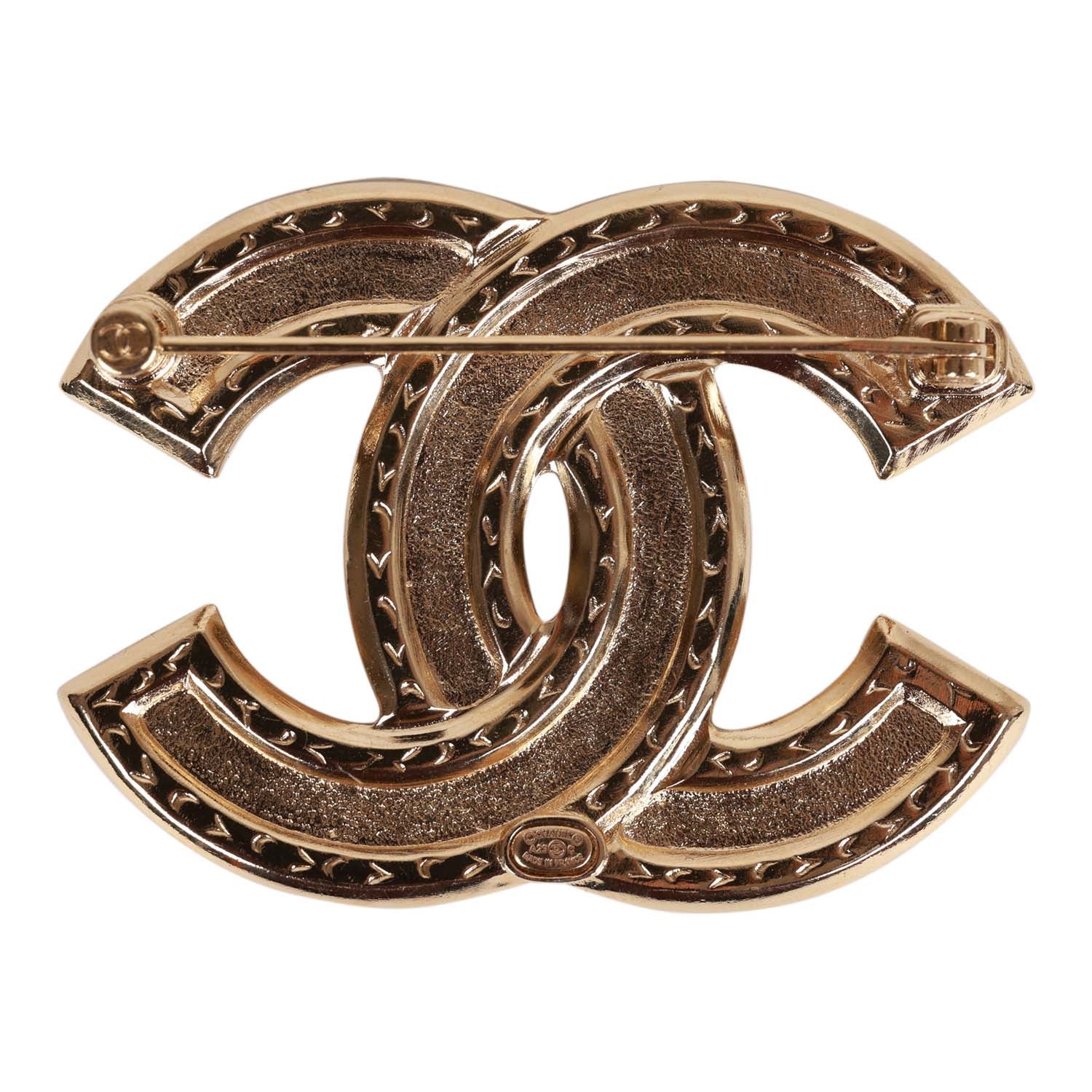 Chanel CC-Logo Gold Tone and Crystal Quilted Large Brooch