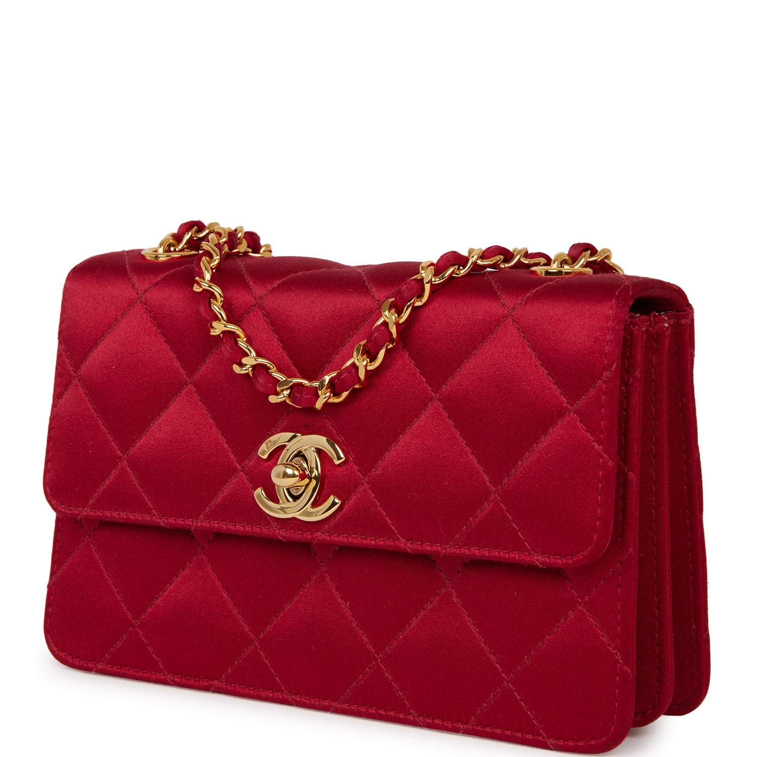 Vintage Chanel Mini Flap Bag Red Satin Gold Hardware