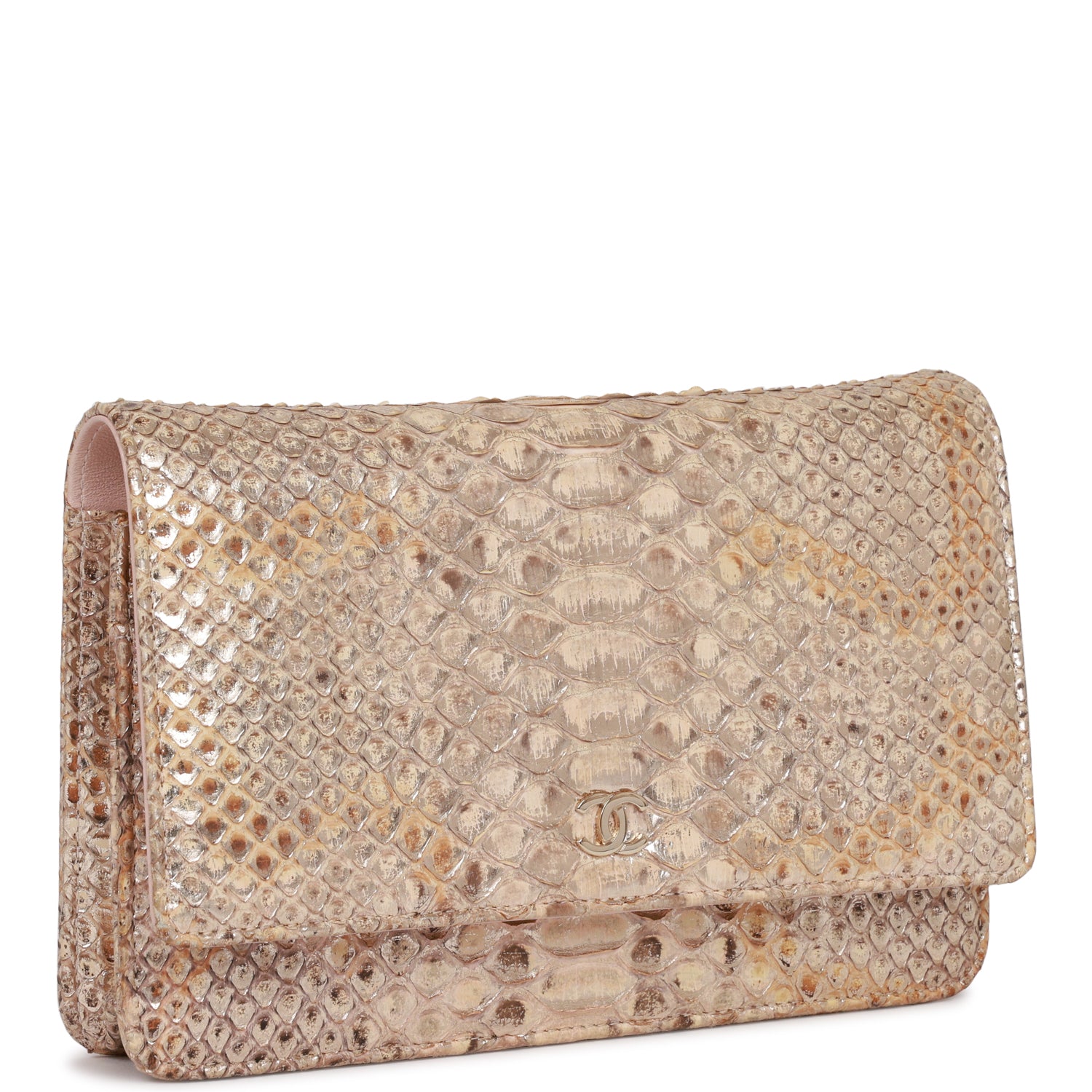 Pre-owned Chanel Wallet on Chain WOC Gold Python Light Gold Hardware