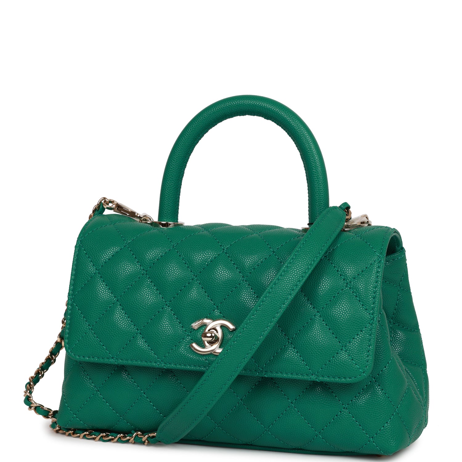 Chanel Small Coco Handle Flap Bag Green Caviar Light Gold Hardware