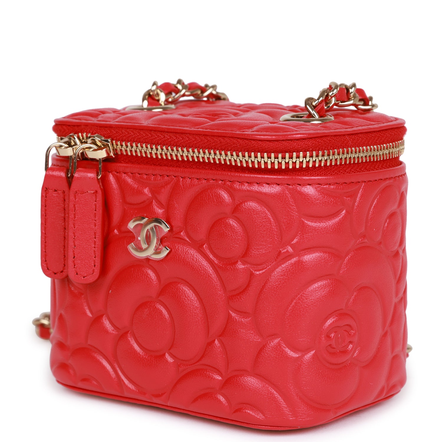 Chanel Camellia Mini Vanity Case Red Lambskin Light Gold Hardware