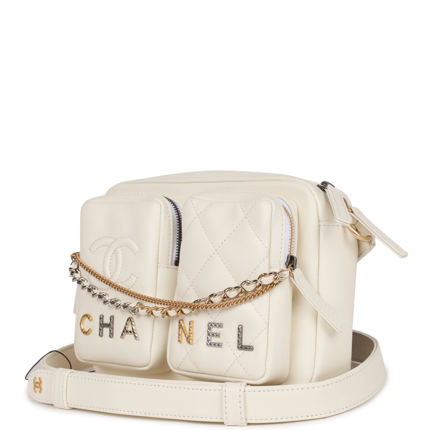Chanel Small Camera Bag White Calfskin Mixed Metal Hardware