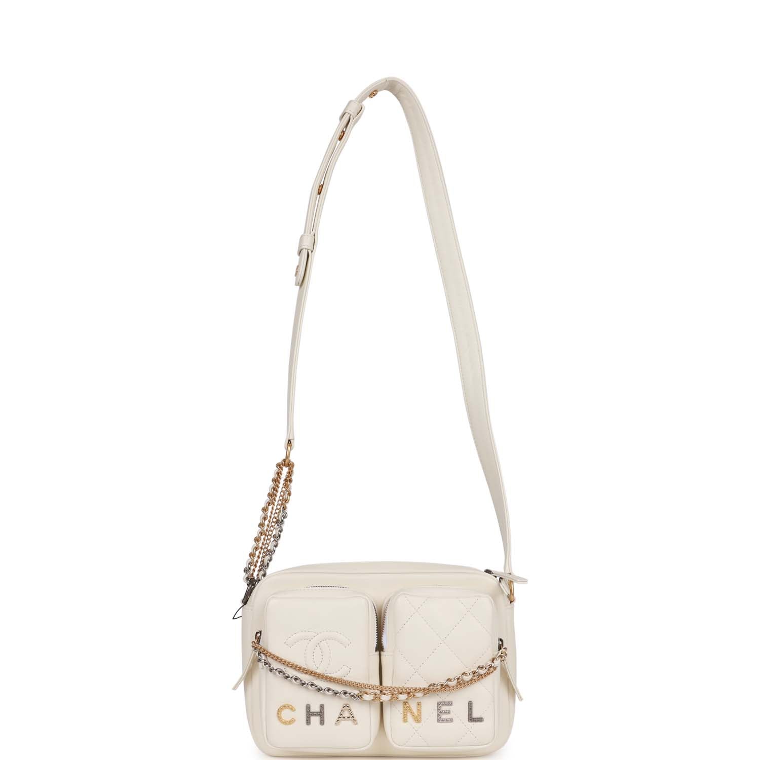 Chanel Small Camera Bag White Calfskin Mixed Metal Hardware