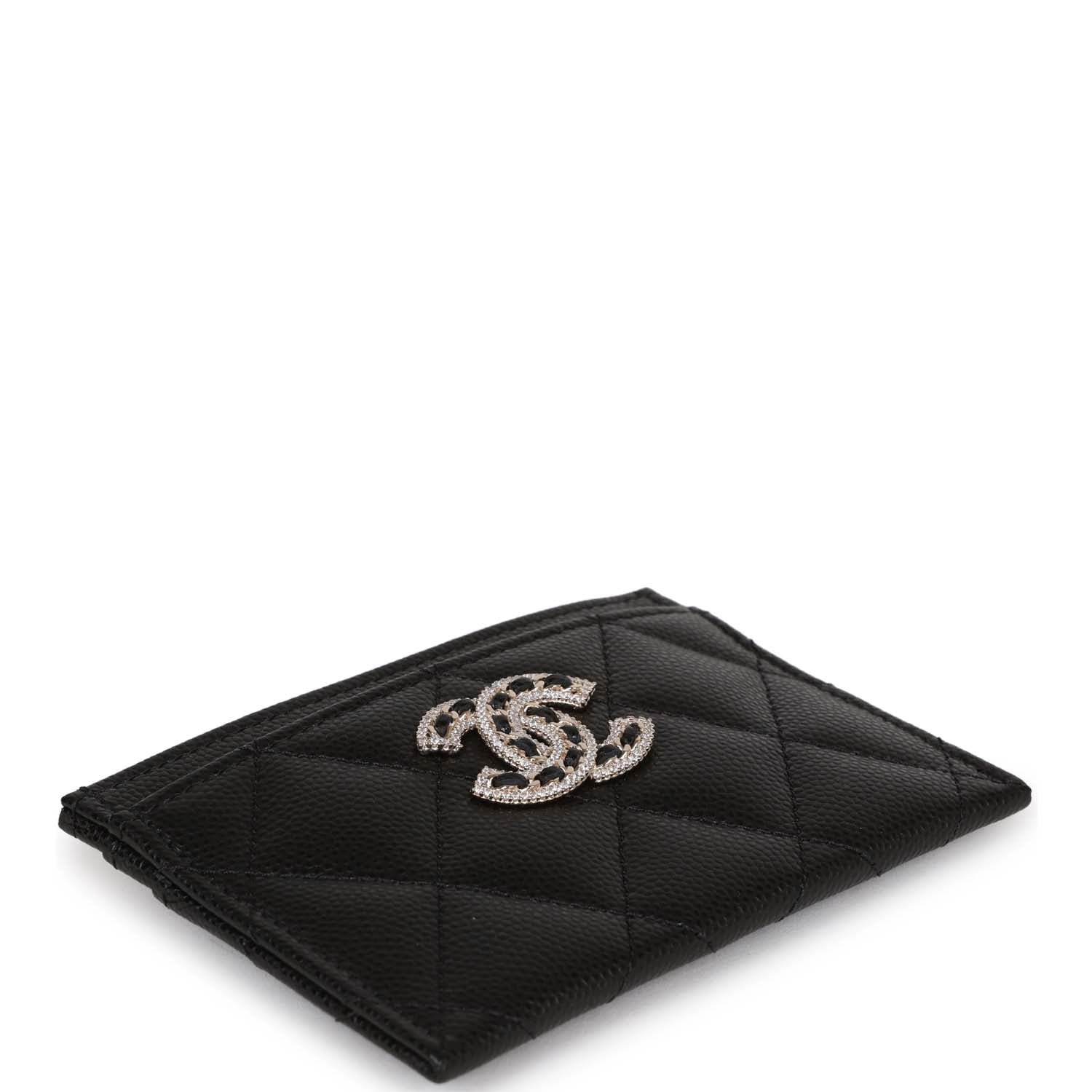 Chanel Card Holder Wallet Black Caviar Crystal and Light Gold Hardware