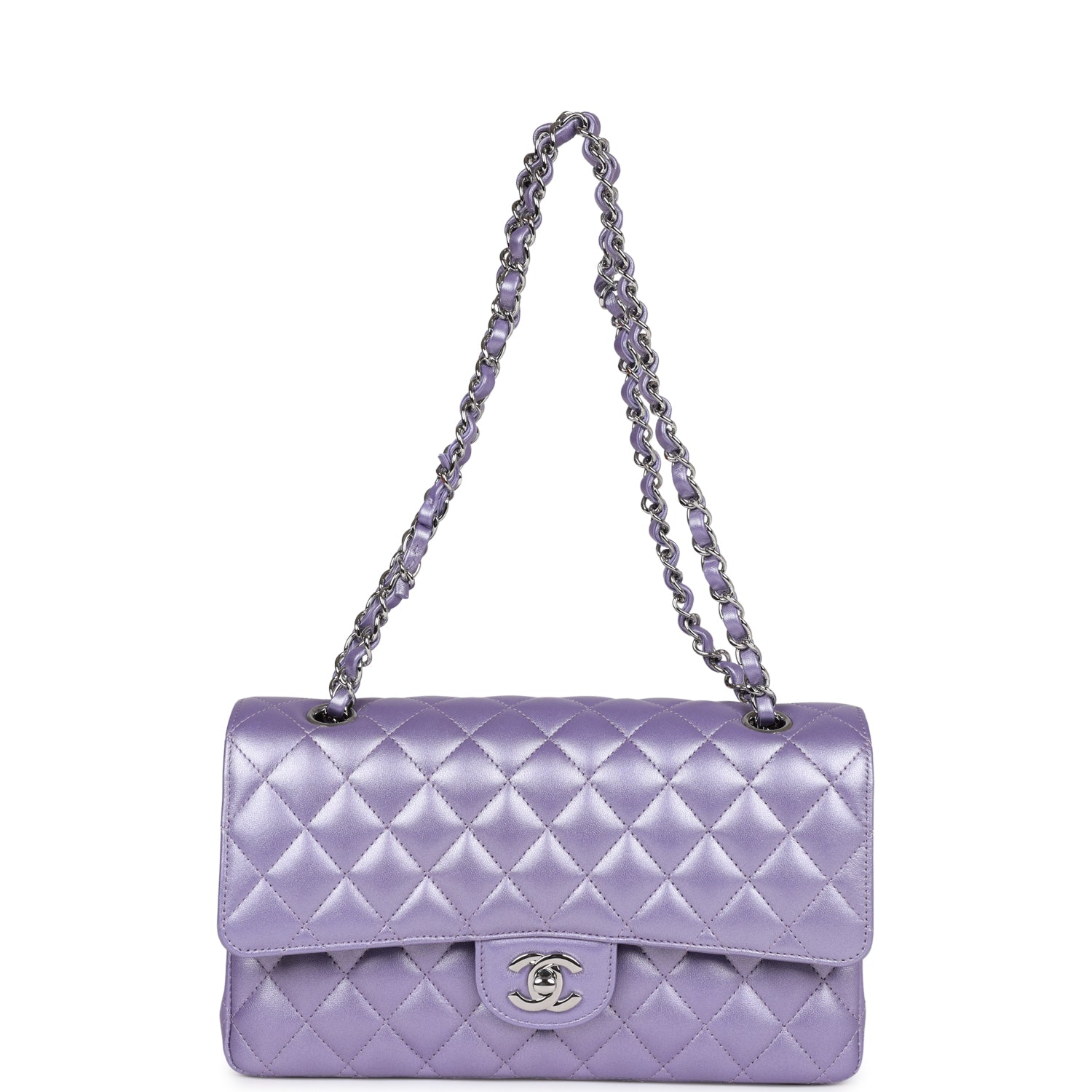 Chanel Purple Metallic Lambskin Medium Classic Double Flap Silver