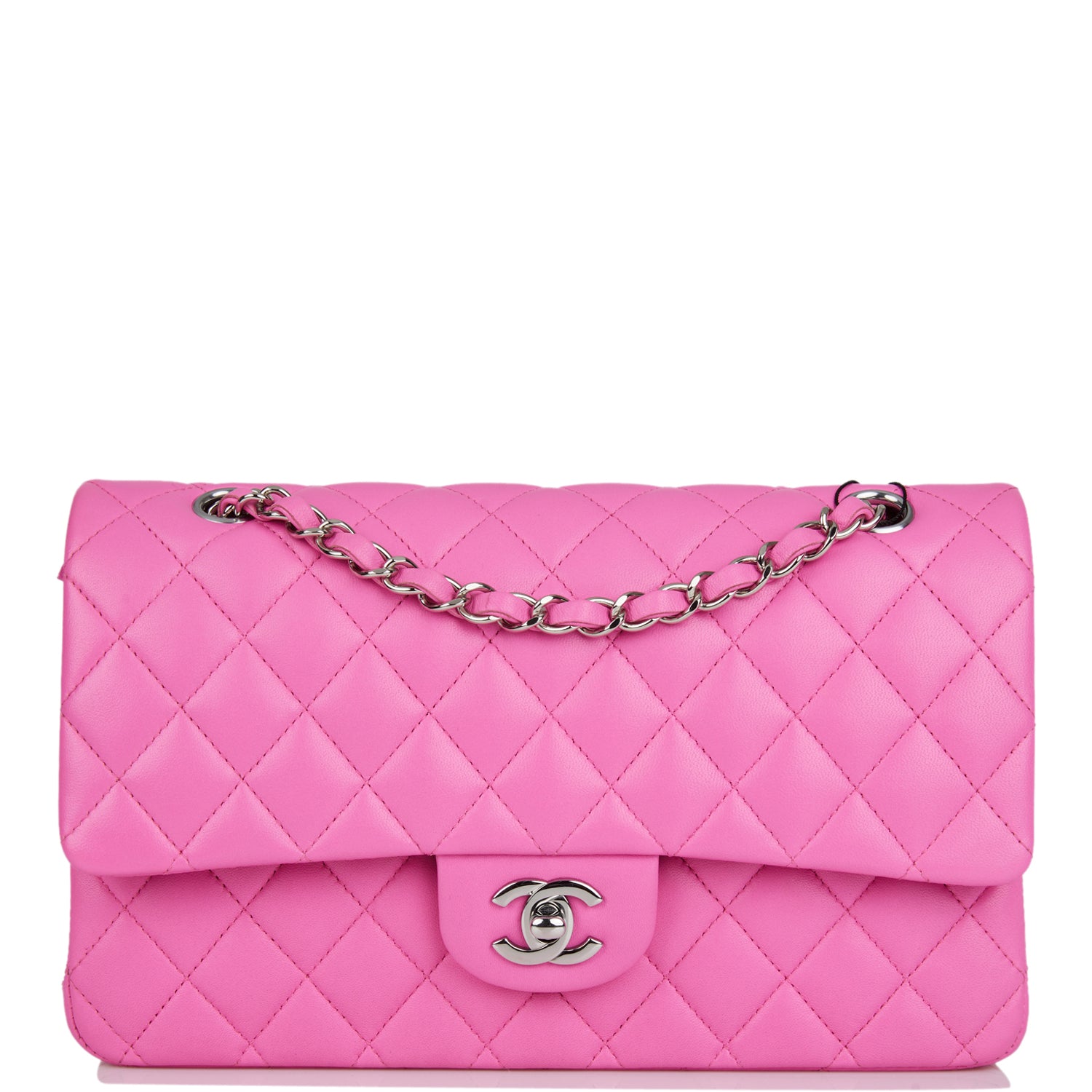 Chanel Medium Classic Double Flap Bag Neon Pink Lambskin Silver Hardware