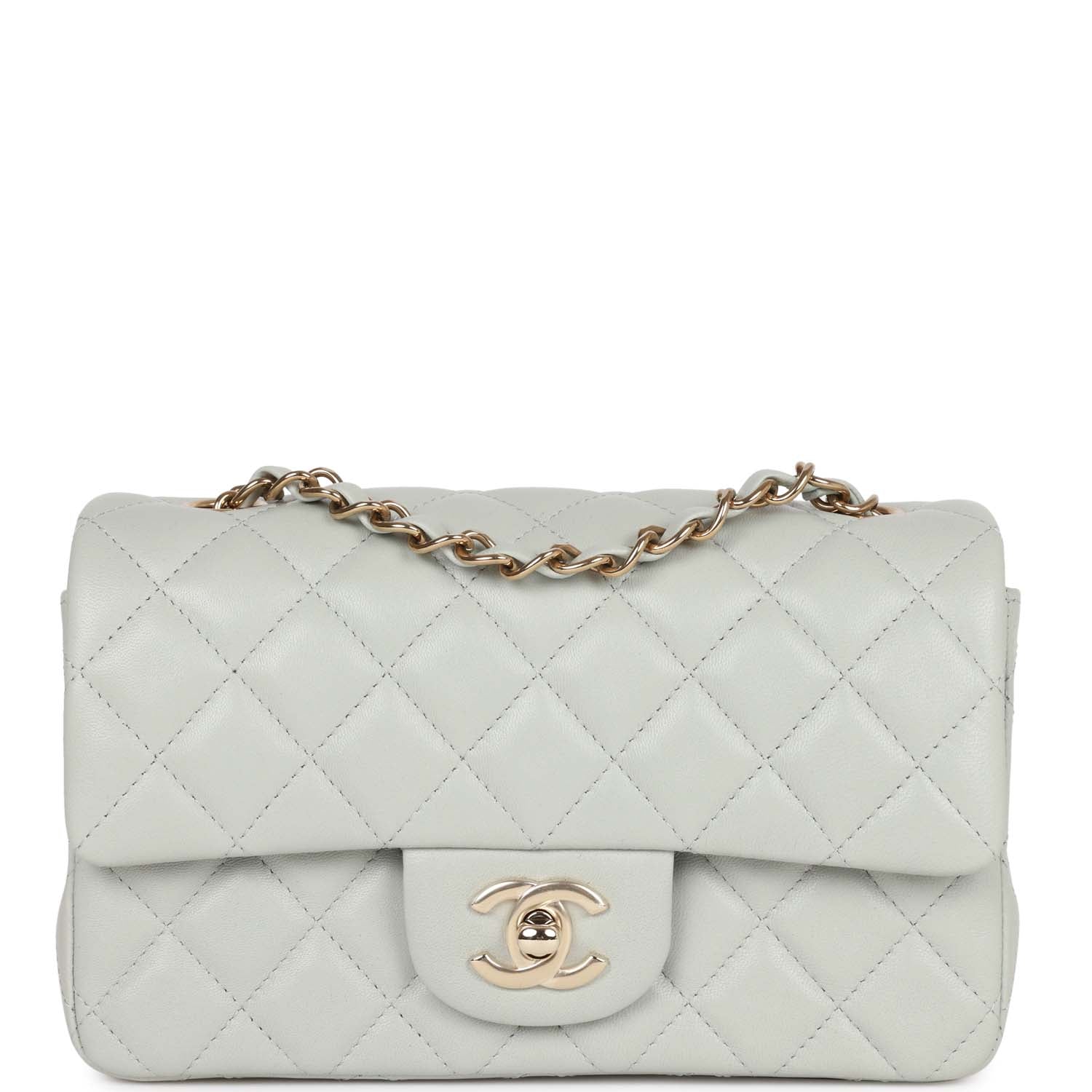 Chanel Mini Rectangular Flap Bag Light Grey Lambskin Light Gold Hardwa