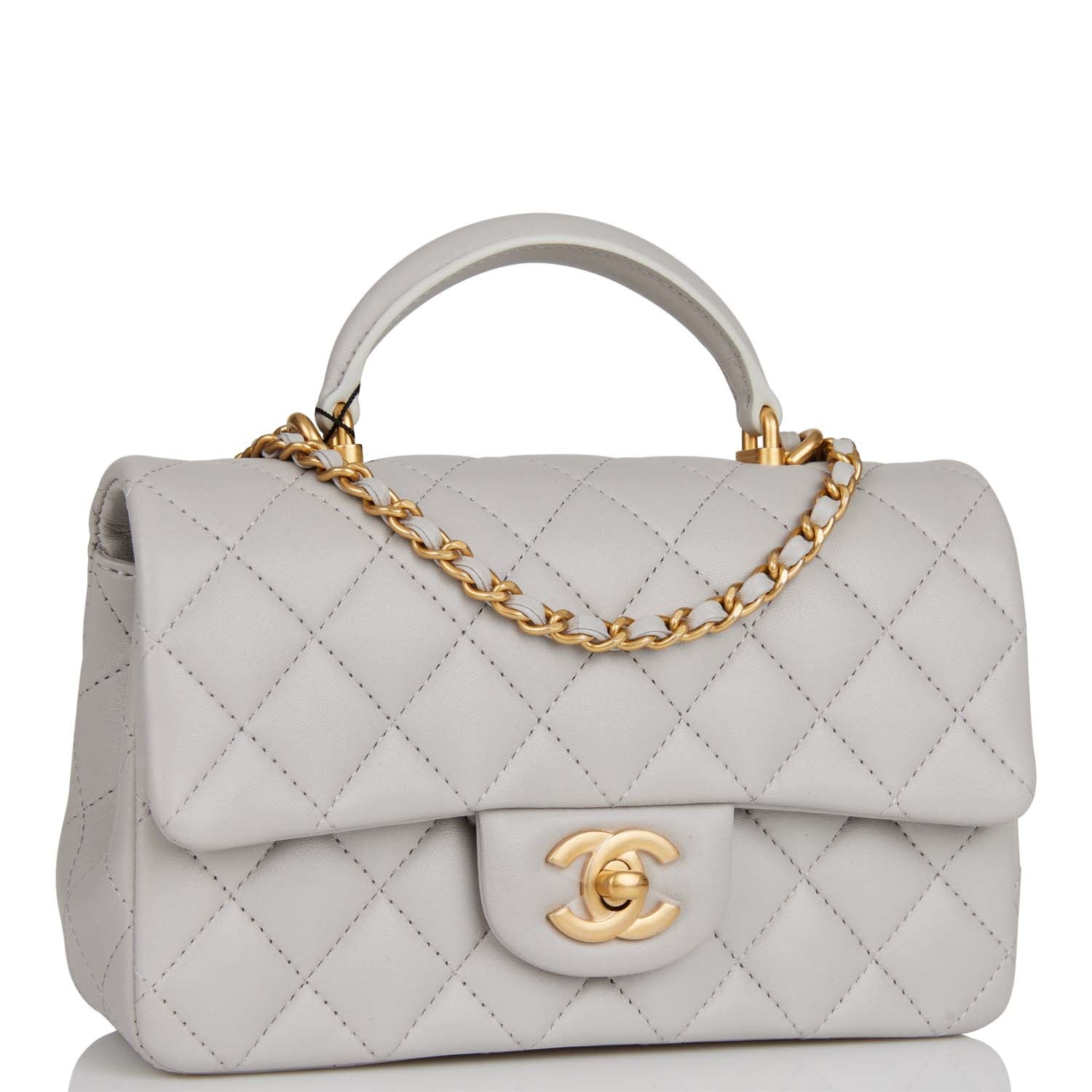 Chanel Grey Lambskin Rectangular Mini Flap Top Handle Antique Gold Hardware