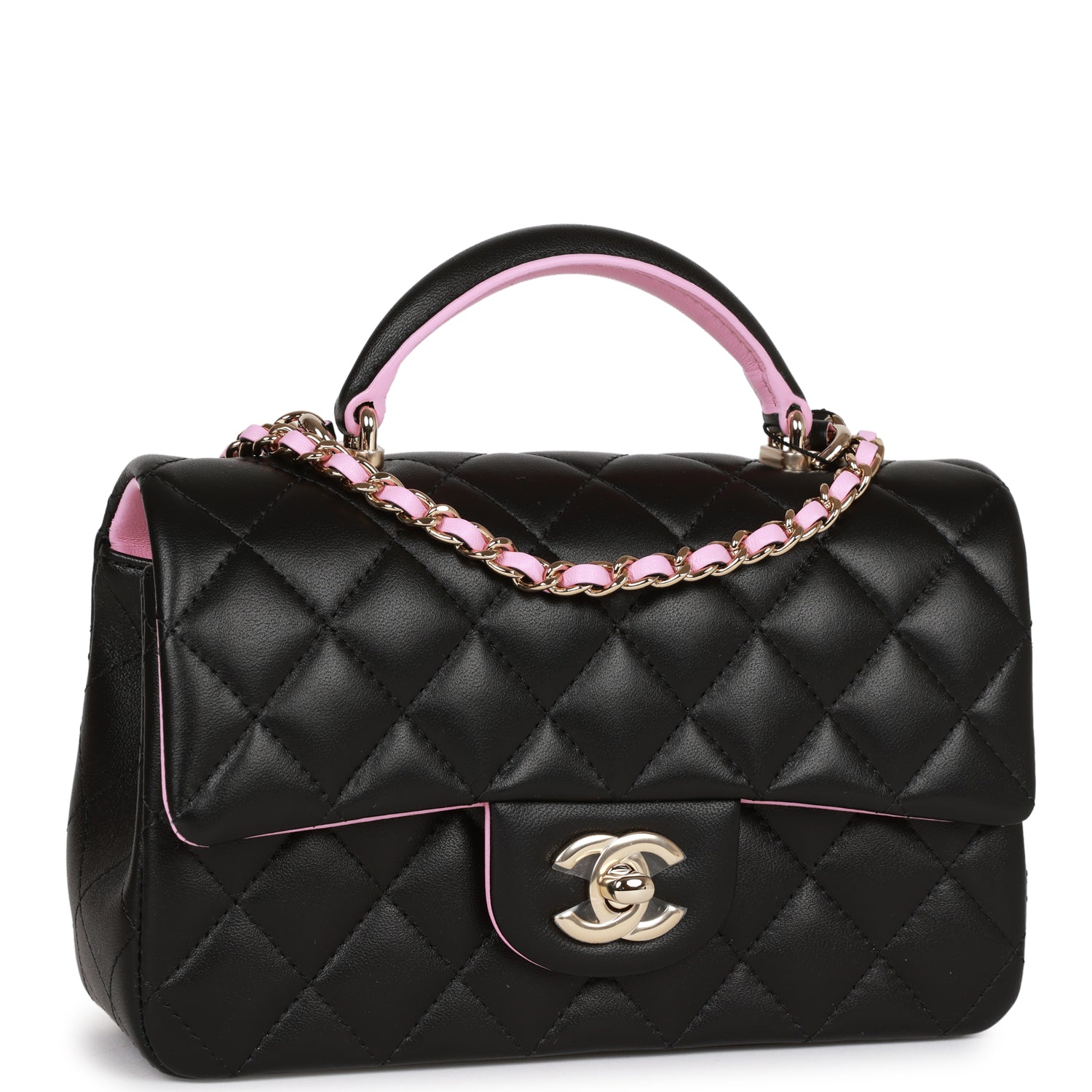 Chanel Mini Rectangular Flap with Top Handle Black and Pink Lambskin L