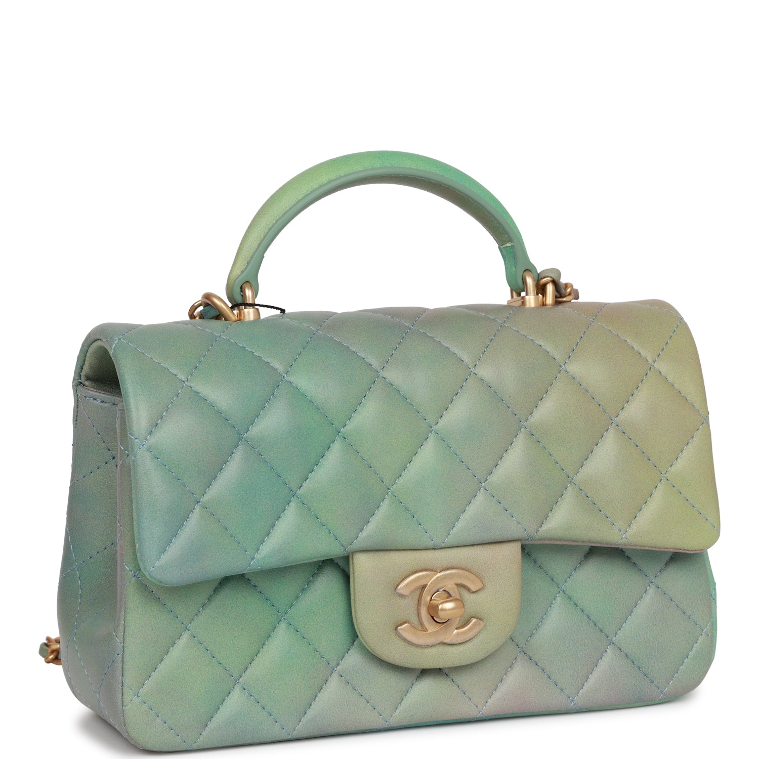 Chanel Mini Flap Top Handle Green Ombre Lambskin Antique Gold Hardware