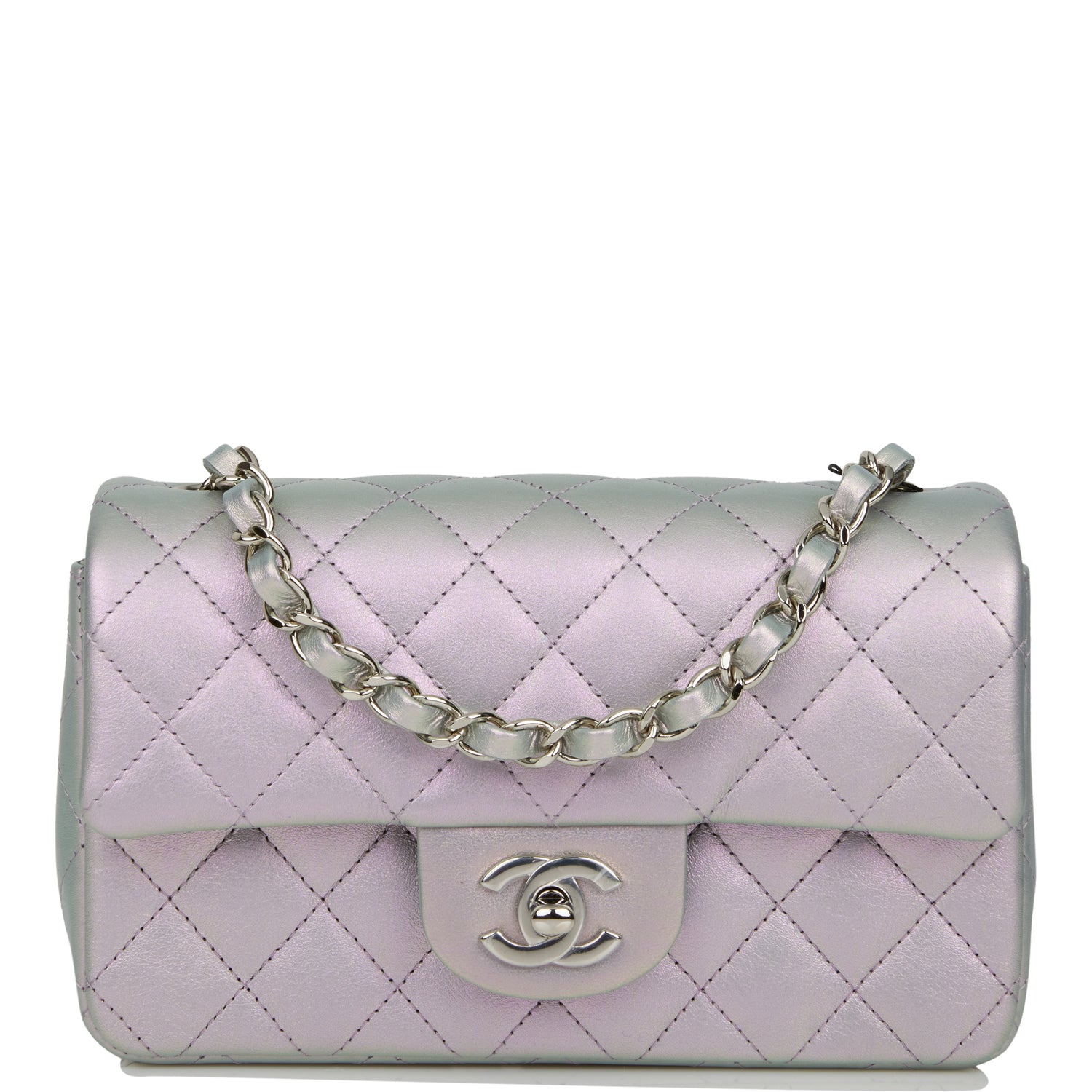 Chanel Mini Rectangular Flap Bag Purple Iridescent Quilted Lambskin Si