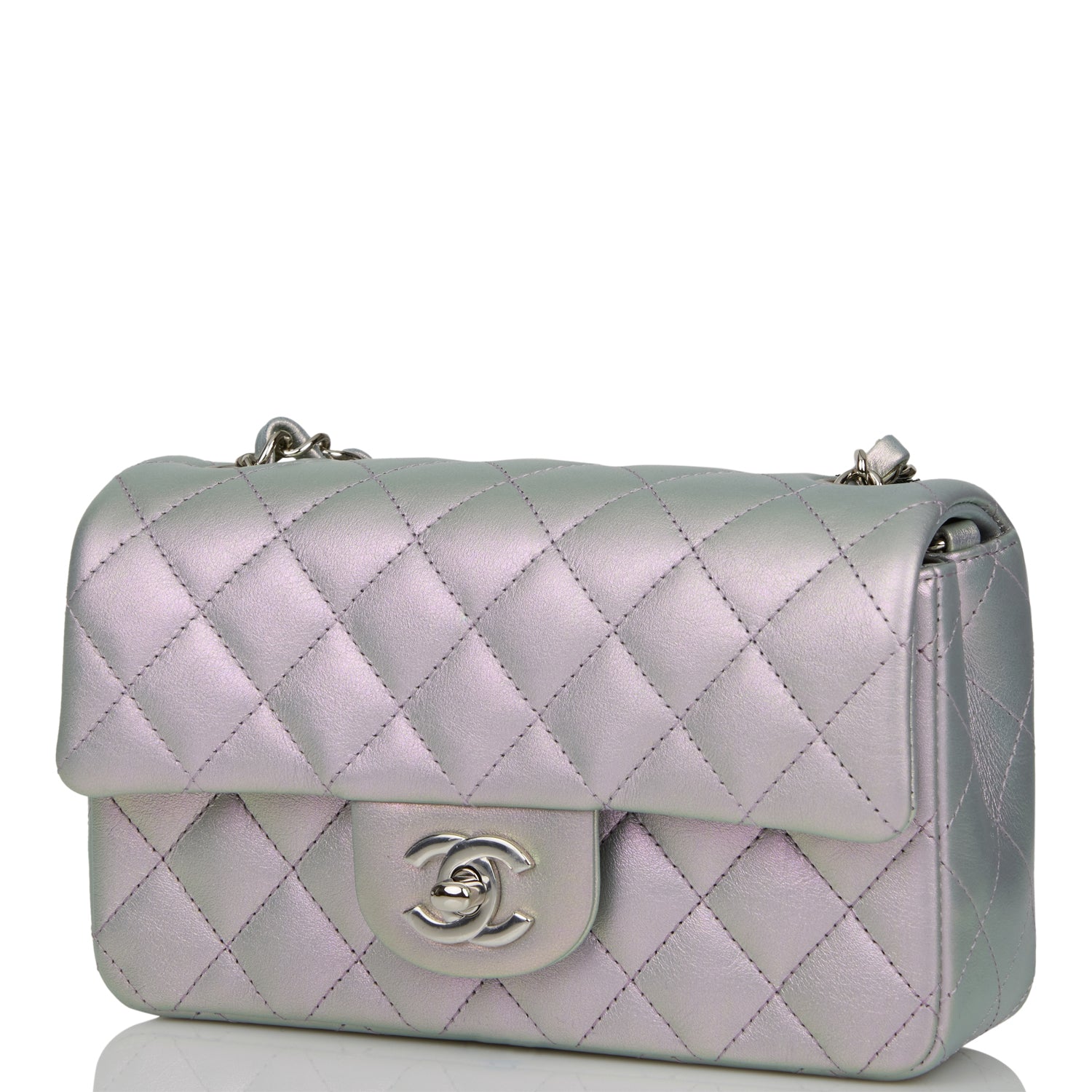 Chanel Mini Rectangular Flap Bag Purple Iridescent Quilted Lambskin Si