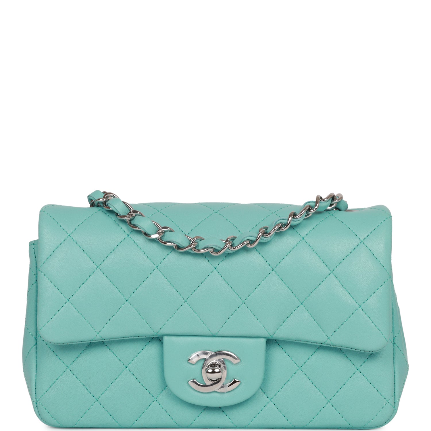 Chanel Turquoise Lambskin Rectangular Mini Classic Flap Silver Hardware