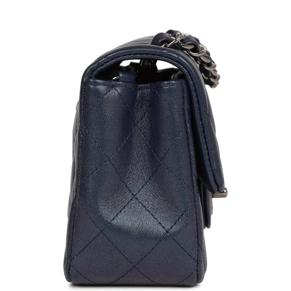 Chanel Mini Rectangular Flap Bag Navy Iridescent Lambskin Ruthenium Ha