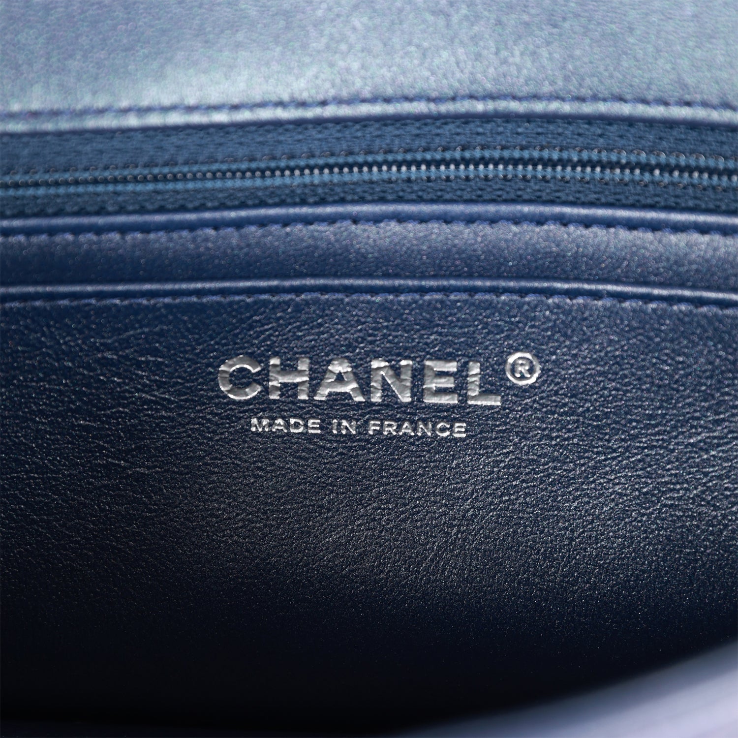Chanel Mini Rectangular Flap Bag Navy Iridescent Lambskin Ruthenium Ha