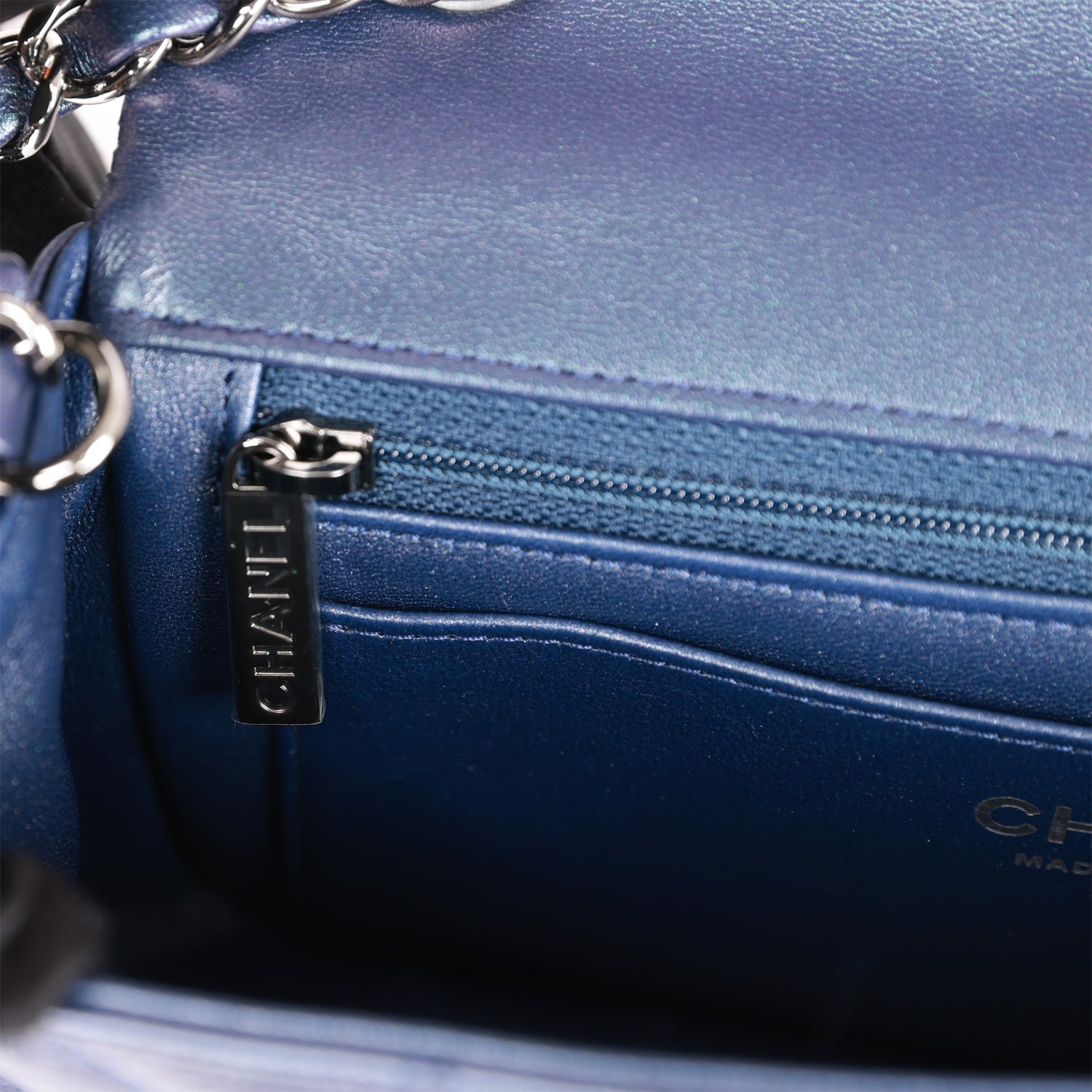 Chanel Mini Rectangular Flap Bag Navy Iridescent Lambskin Ruthenium Ha