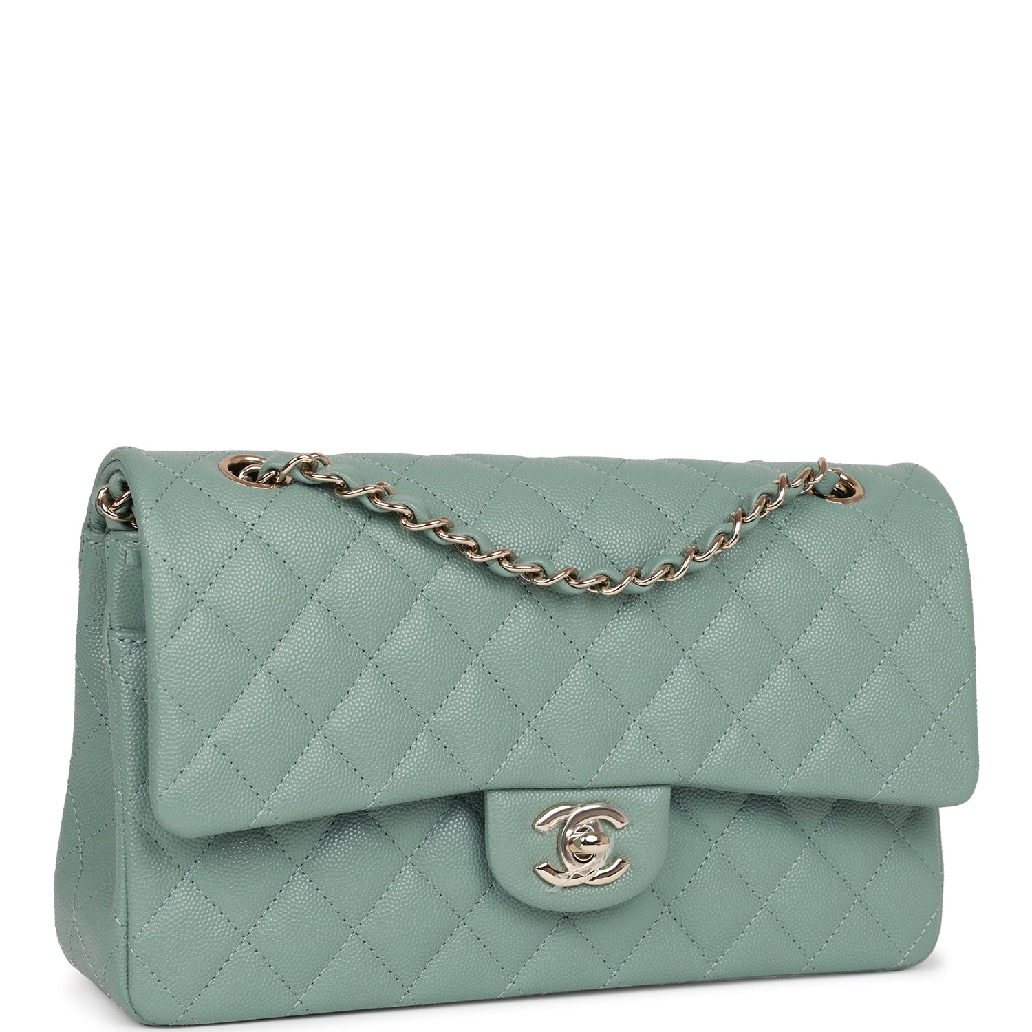 Chanel Green Quilted Caviar Medium Double Flap Bag Light Gold Hardware