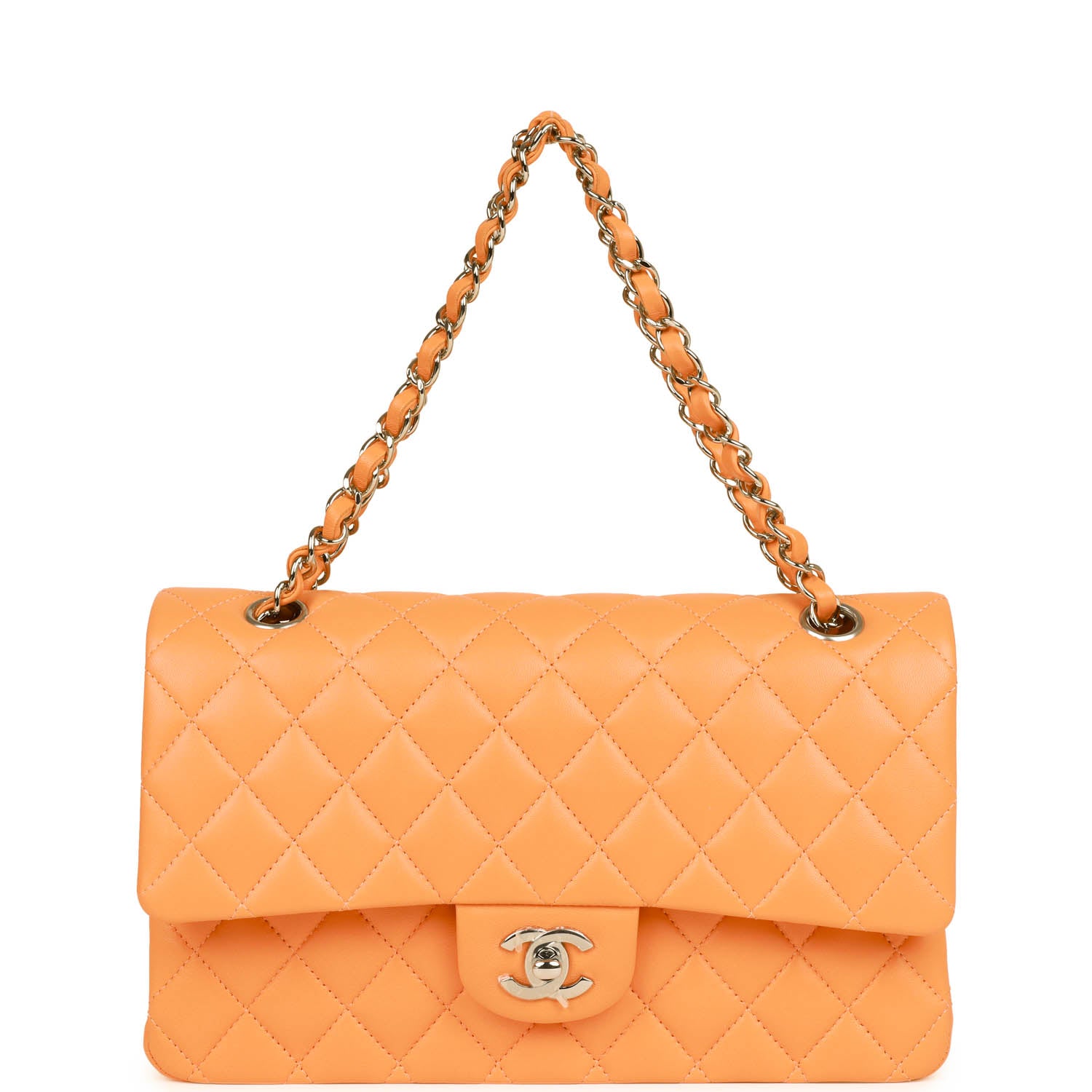 Chanel Neon Orange Lambskin Medium Double Flap Bag Silver Hardware