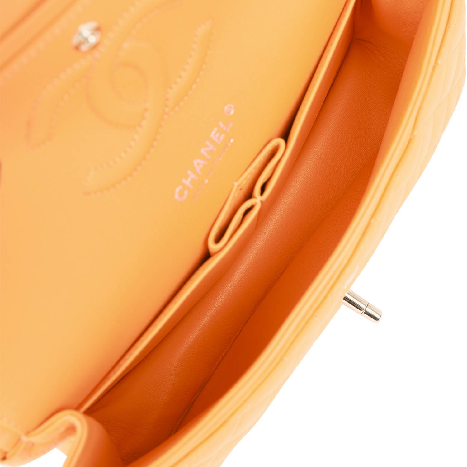 Chanel Neon Orange Lambskin Medium Double Flap Bag Silver Hardware