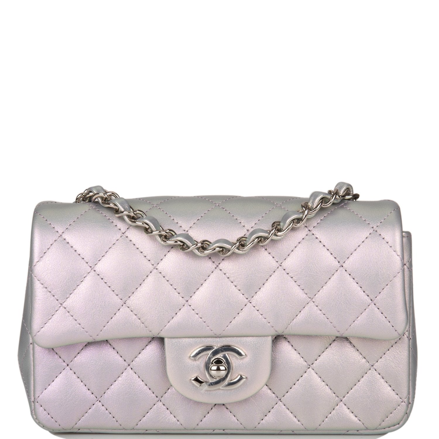 Chanel Mini Rectangular Flap Bag Purple Iridescent Quilted Lambskin Si