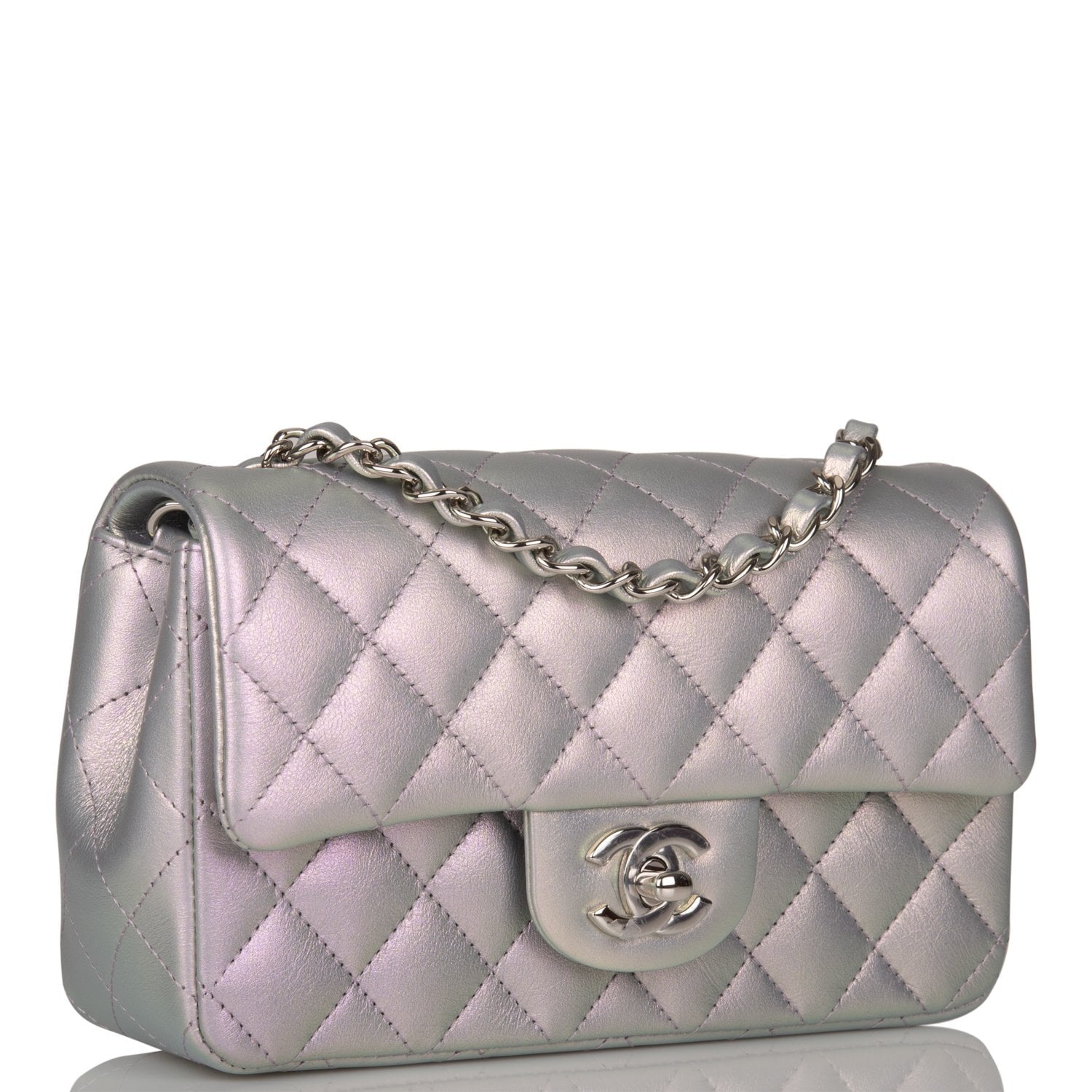 Chanel Mini Rectangular Flap Bag Purple Iridescent Quilted Lambskin Si