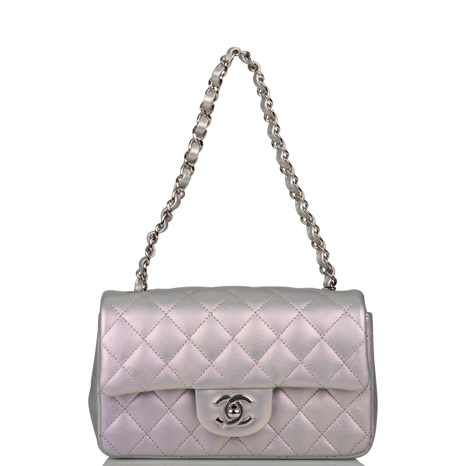 Chanel Mini Rectangular Flap Bag Purple Iridescent Quilted Lambskin Si