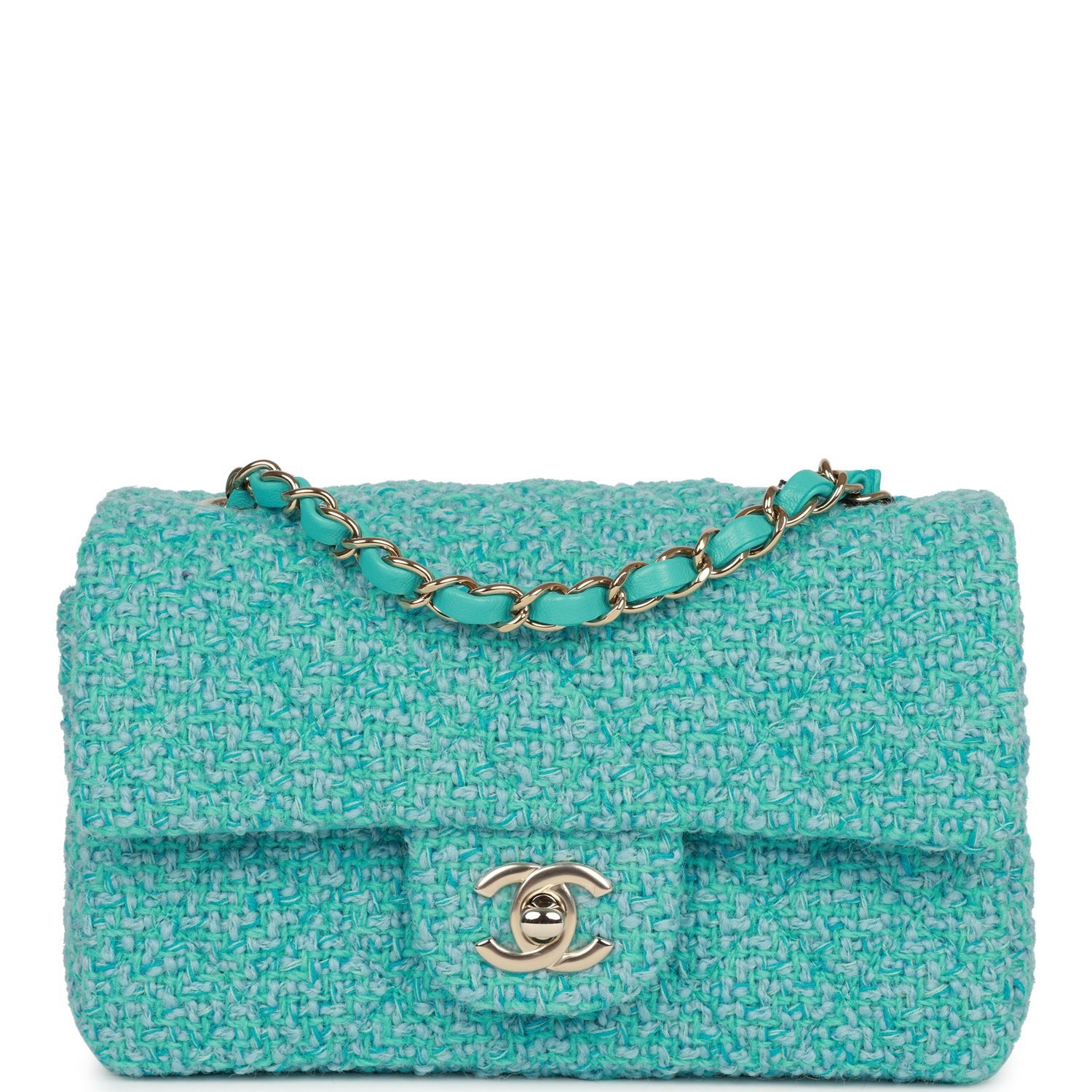 Chanel Blue Tweed Rectangular Mini Classic Flap Light Gold Hardware