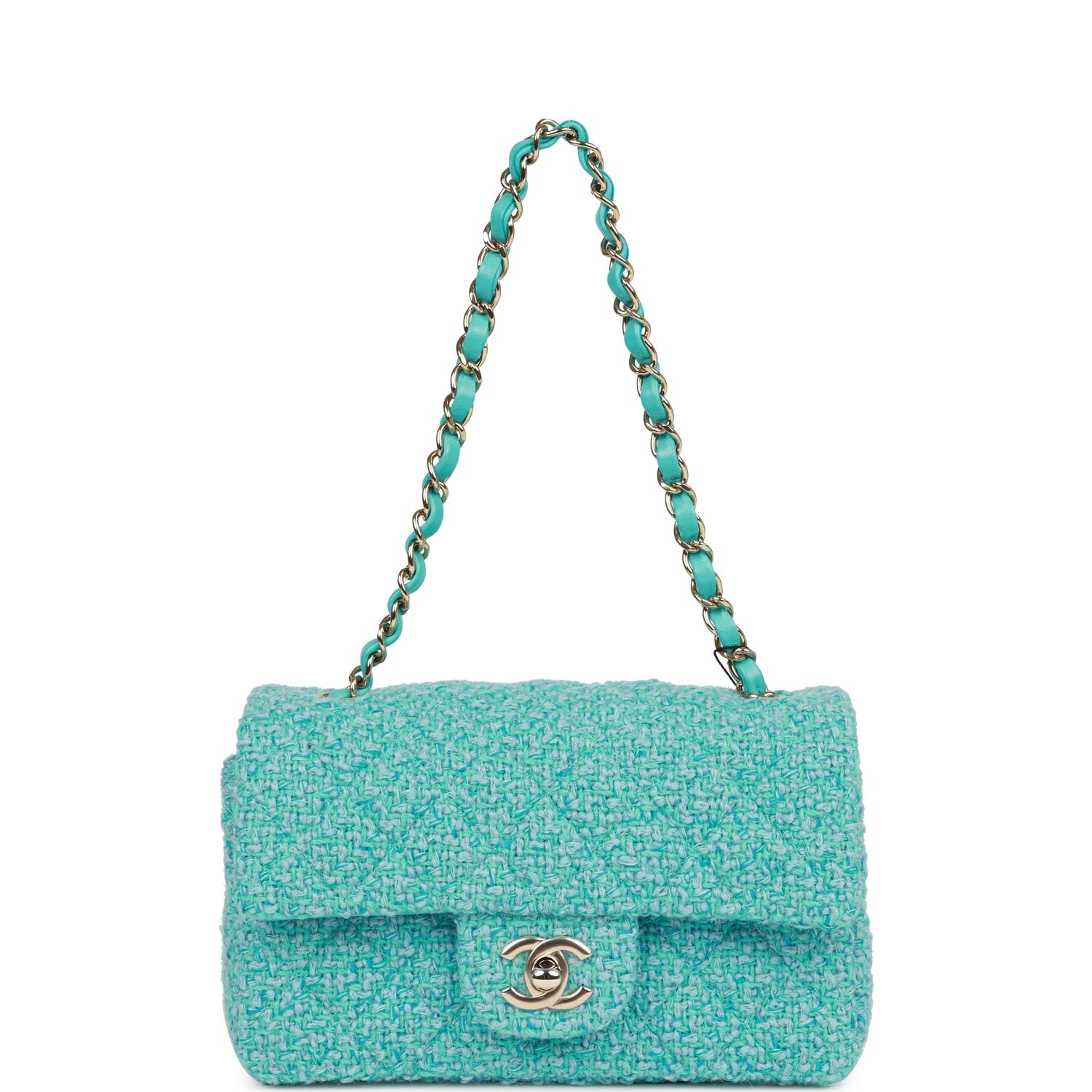 Chanel Blue Tweed Rectangular Mini Classic Flap Light Gold Hardware