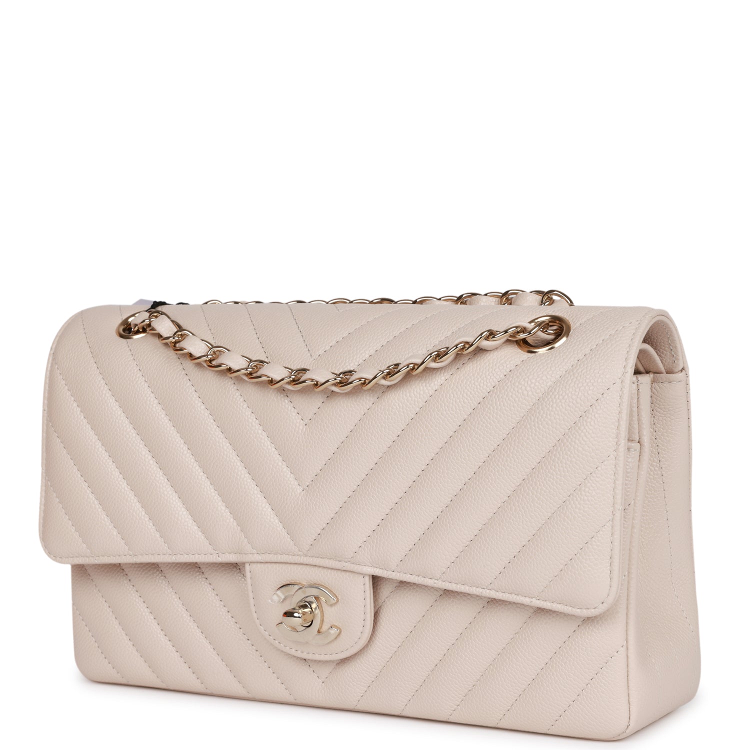 Chanel Beige Chevron Caviar Medium Double Flap Bag Gold Hardware